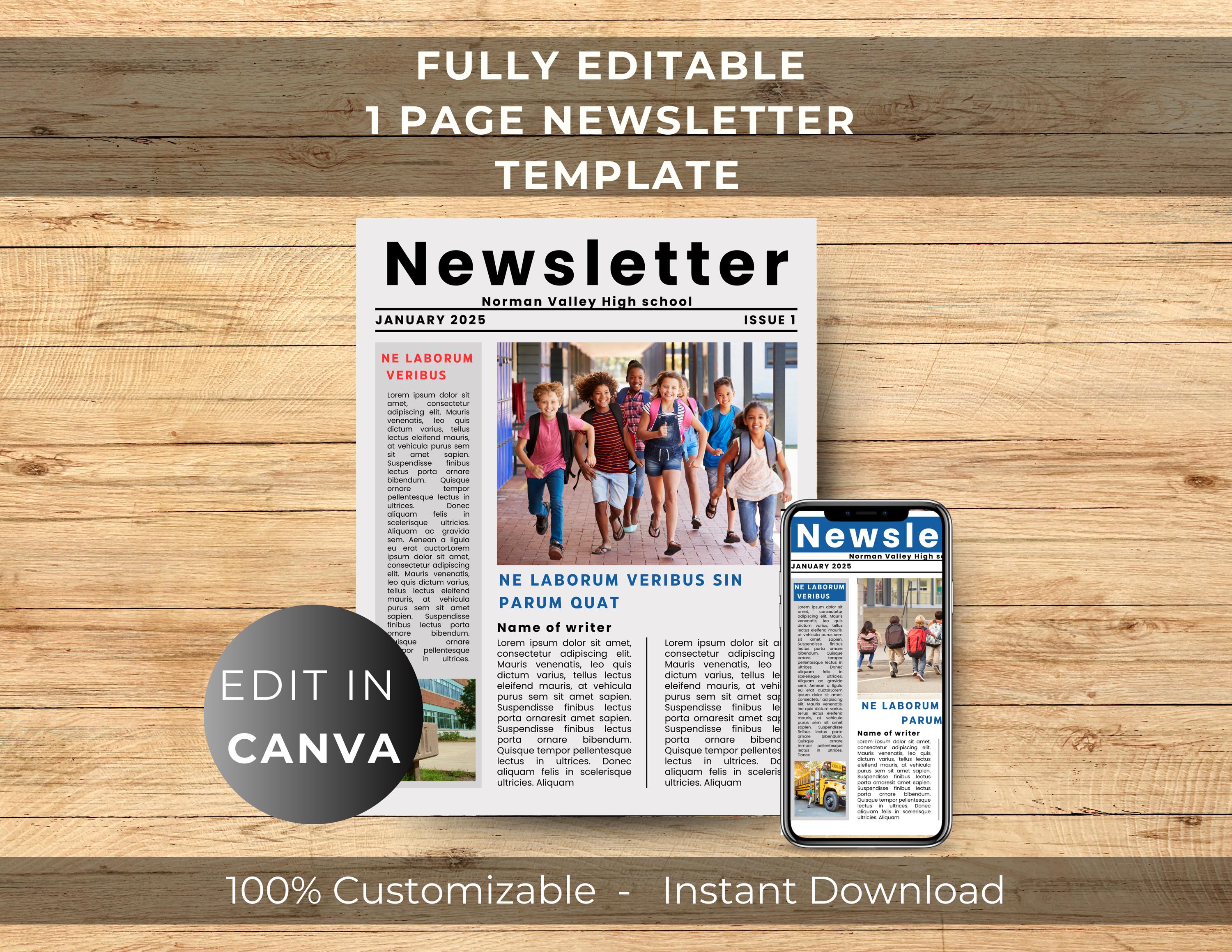 1 Page Newsletter, Editable Newsletter Template for Canva, School ...