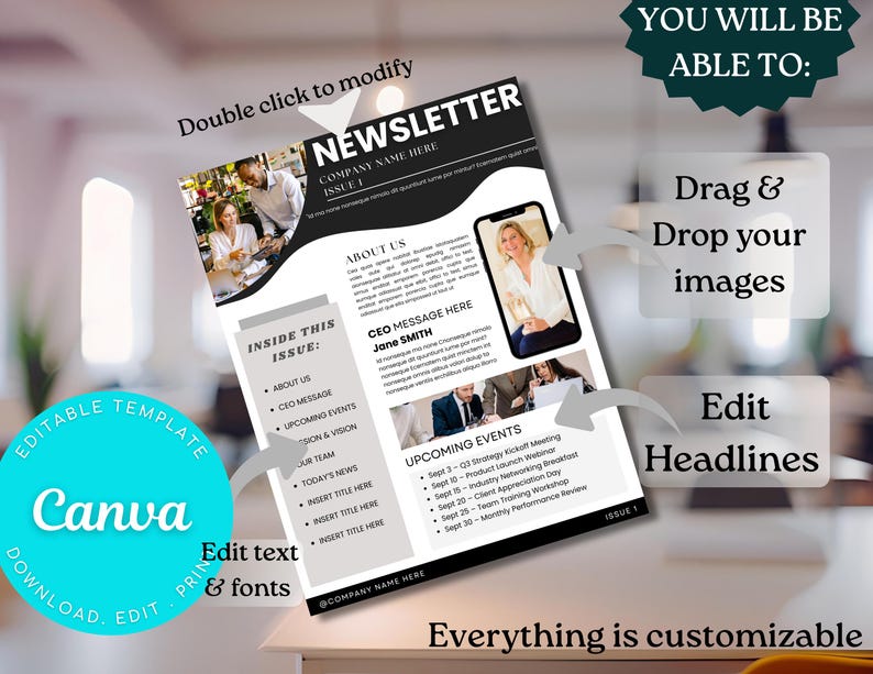 Editable Newsletter Template Canva: Newspaper Print, Company Newsletter ...