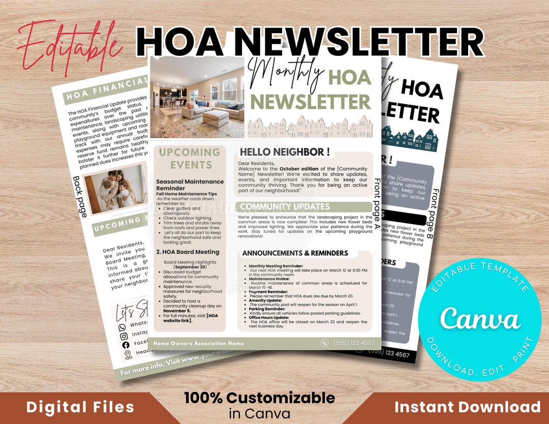 Editable HOA Newsletter Template, Canva, Community Updates (digital ...