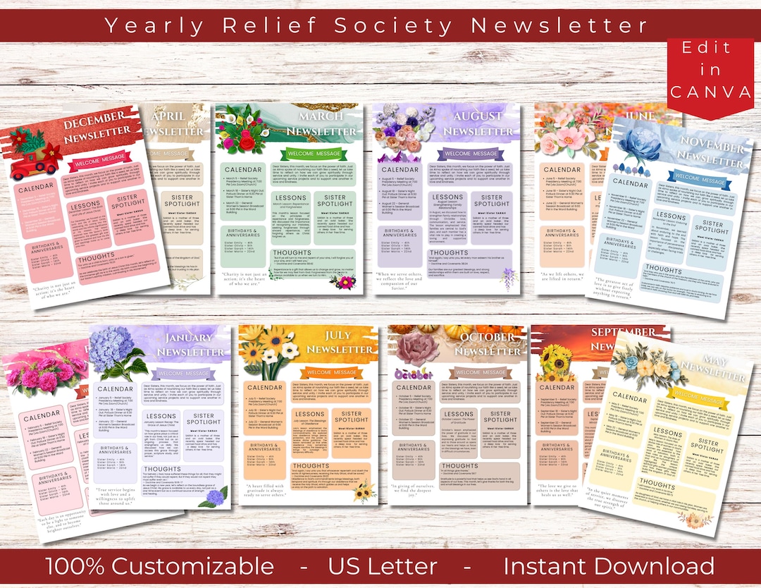 Relief Society Newsletter Template: LDS Editable Canva Design (digital ...