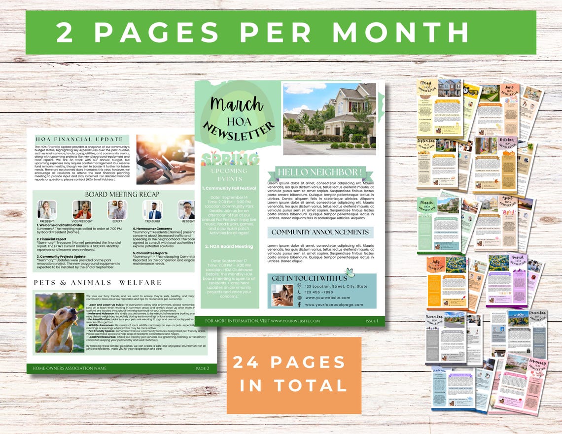 HOA Newsletter Template Bundle: 12-month Community News (canva, Digital ...