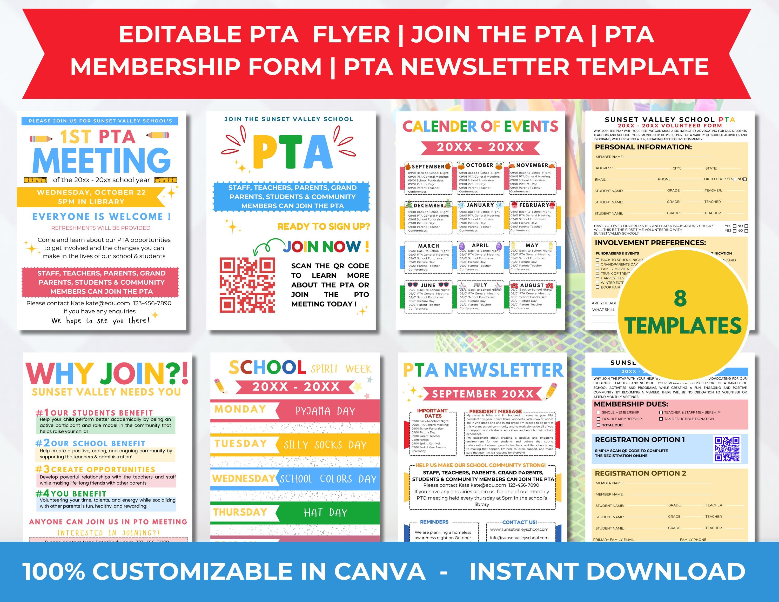 Editable PTA / PTO Bundle, Recruitment Flyers, Newsletter, Calendar of ...