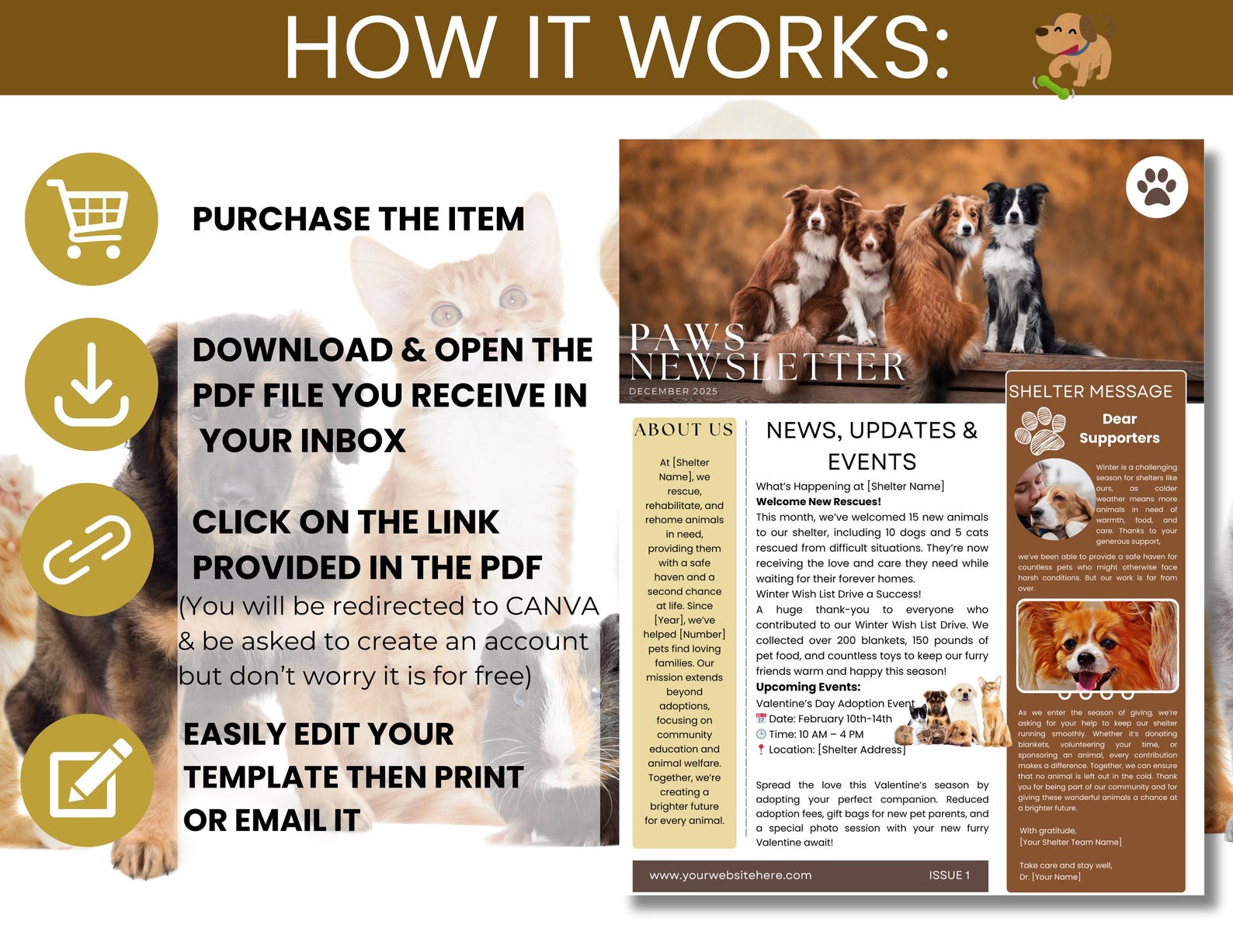Editable Pet Newsletter Template: Animal Shelter, Rescue (canva, 4 ...