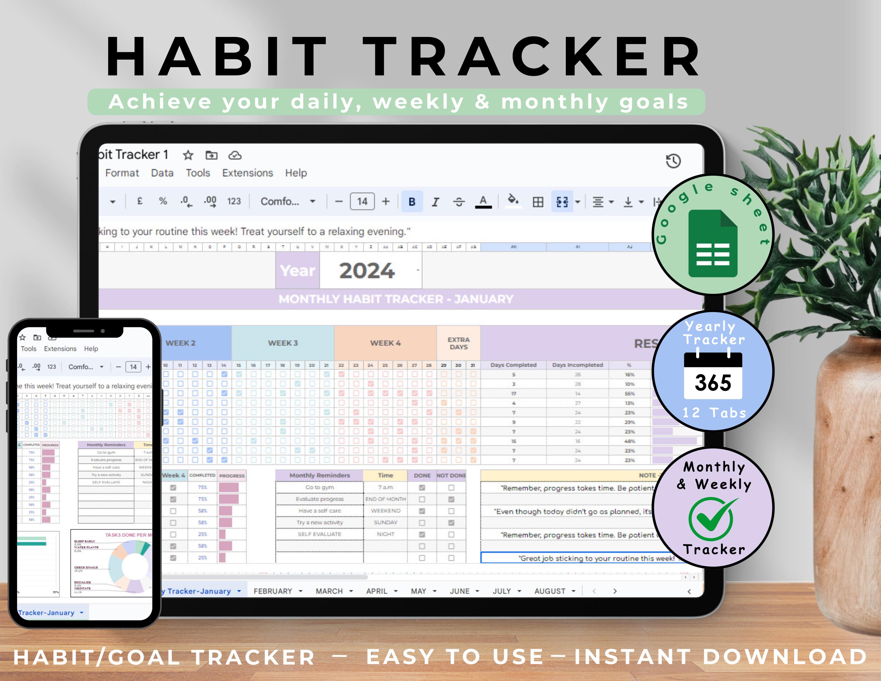 Habit Tracker Spreadsheet Google Sheets Template, Yearly Goal Planner ...