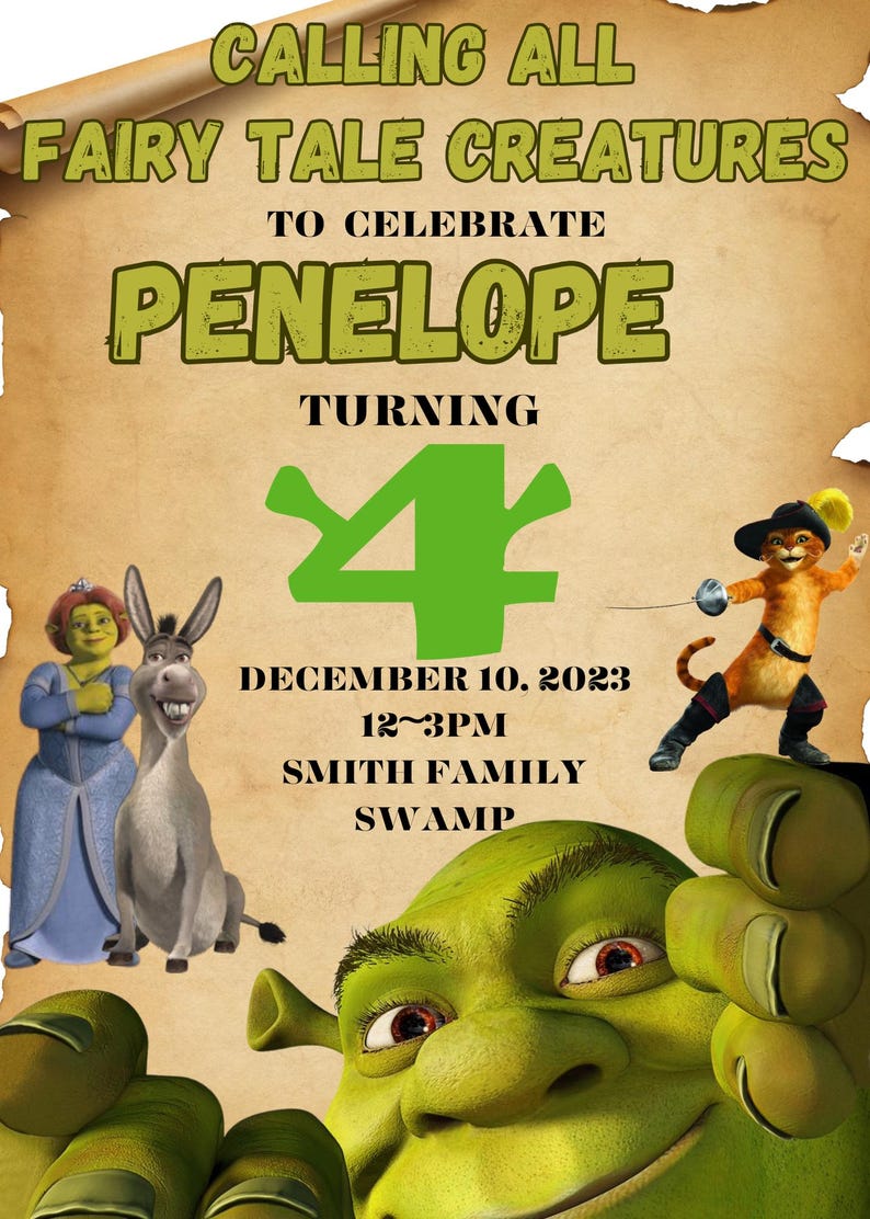 Editable Shrek 4th Birthday Invitation: Printable Digital Evite (canva ...