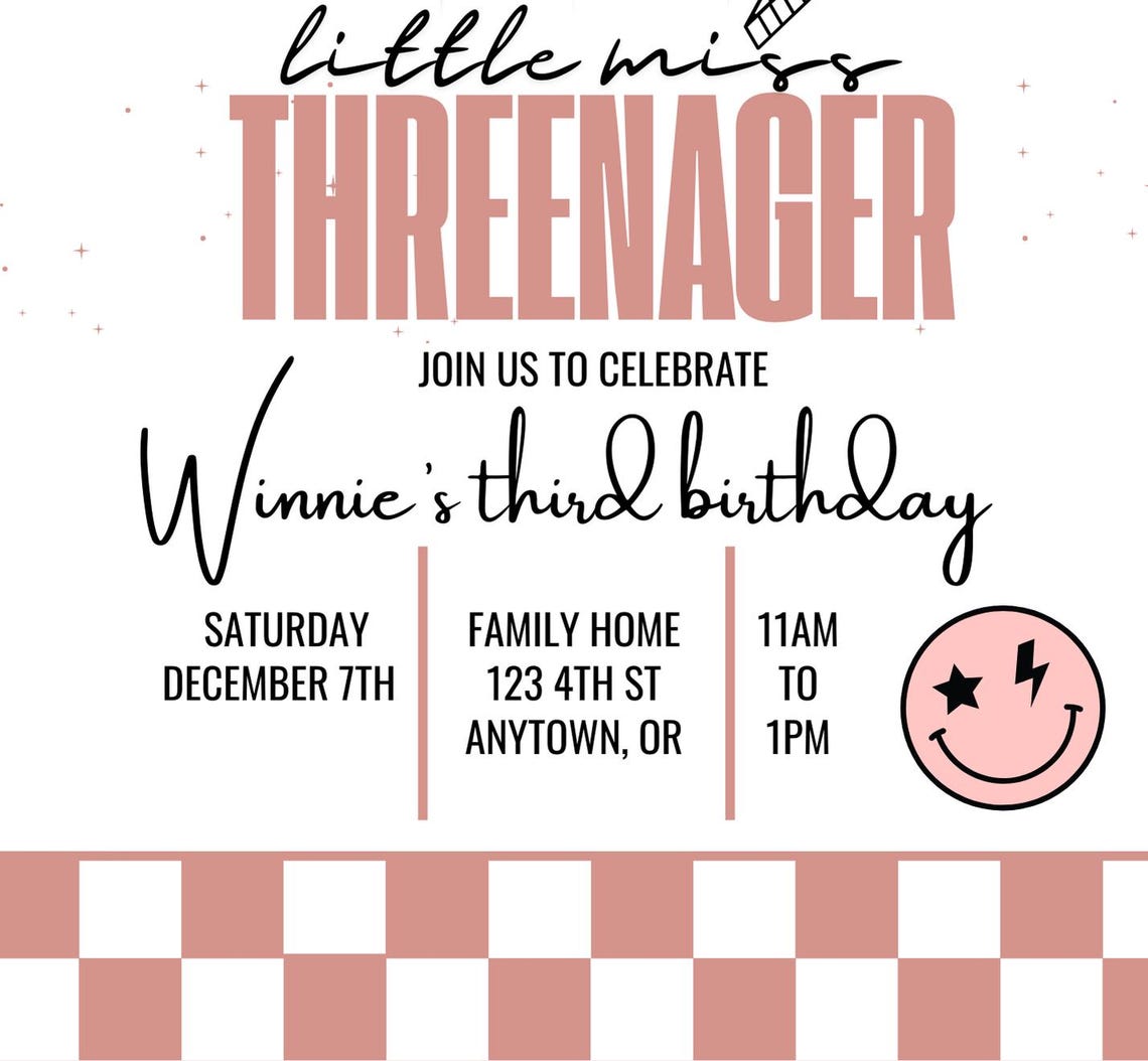 Little Miss Threenager Birthday Invitation Printable, Editable Girl ...