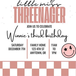 Little Miss Threenager Birthday Invitation Printable, Editable Girl ...