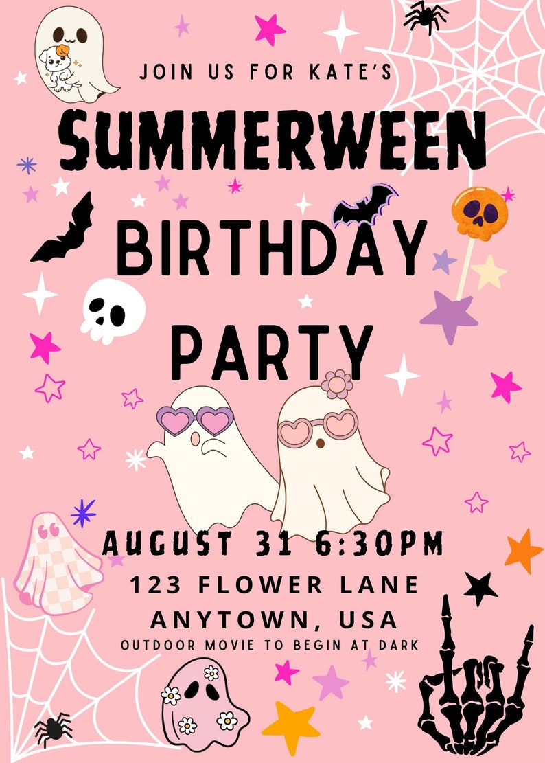 Summerween Birthday Invitation Girl | Spooky Cute Party Invite ...