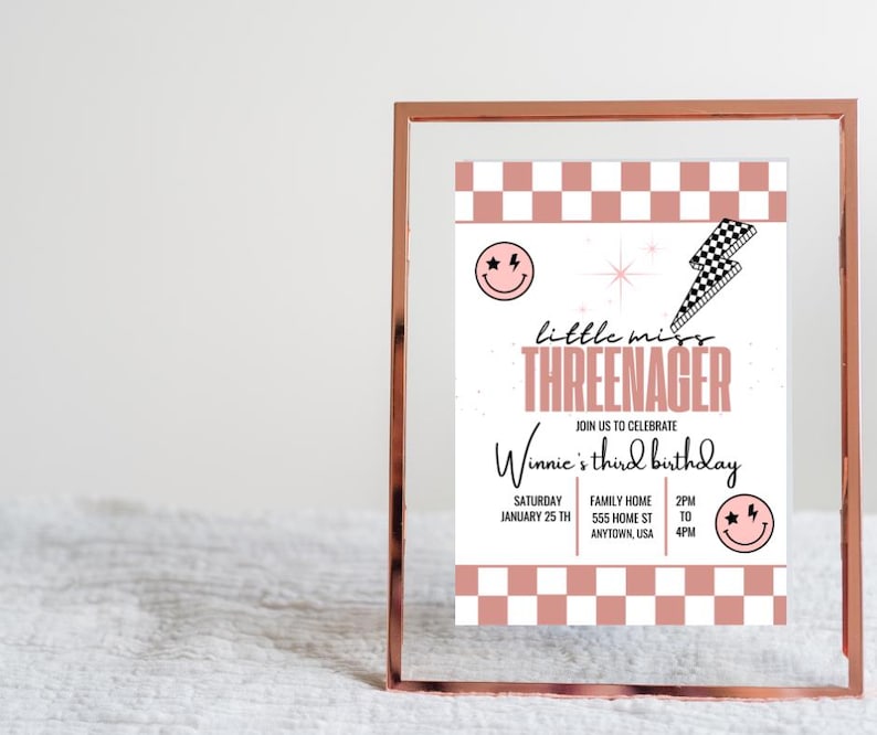 Little Miss Threenager Birthday Invitation: Smiley Face Checkered Party ...