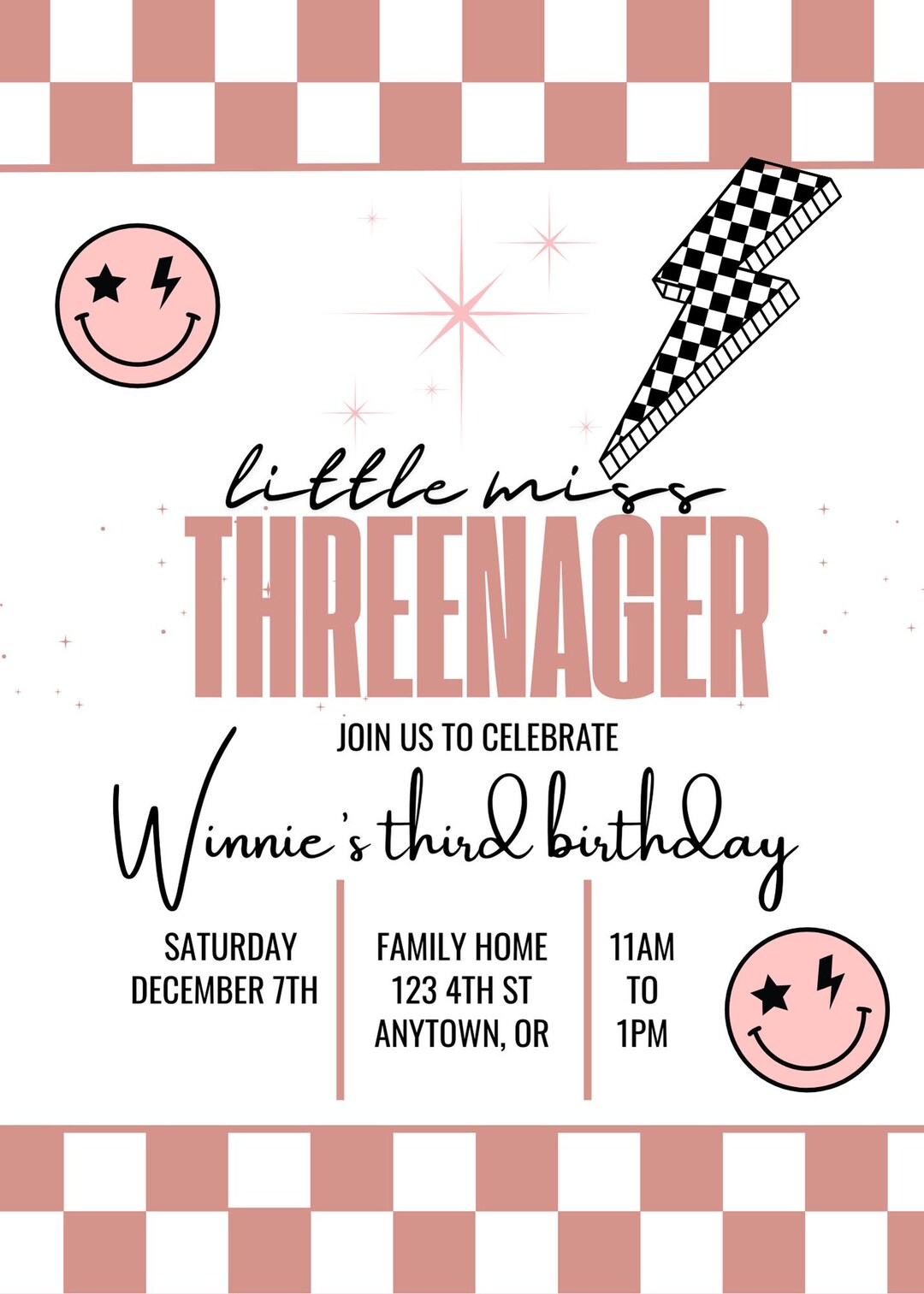 Little Miss Threenager Birthday Invitation: Smiley Face Checkered Party ...