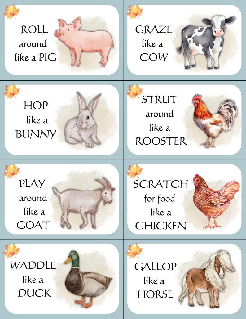 Farm Animal Movement Cards, Brain Breaks, Physical Education Kids ...
