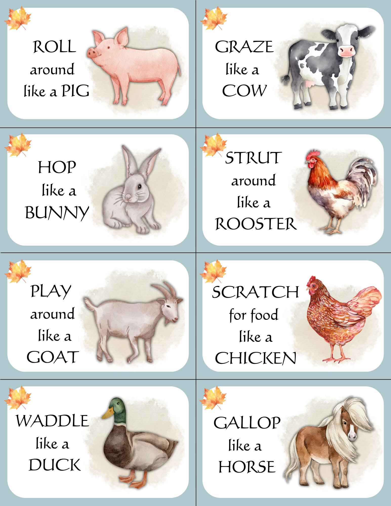 Farm Animal Movement Cards, Brain Breaks, Physical Education Kids ...