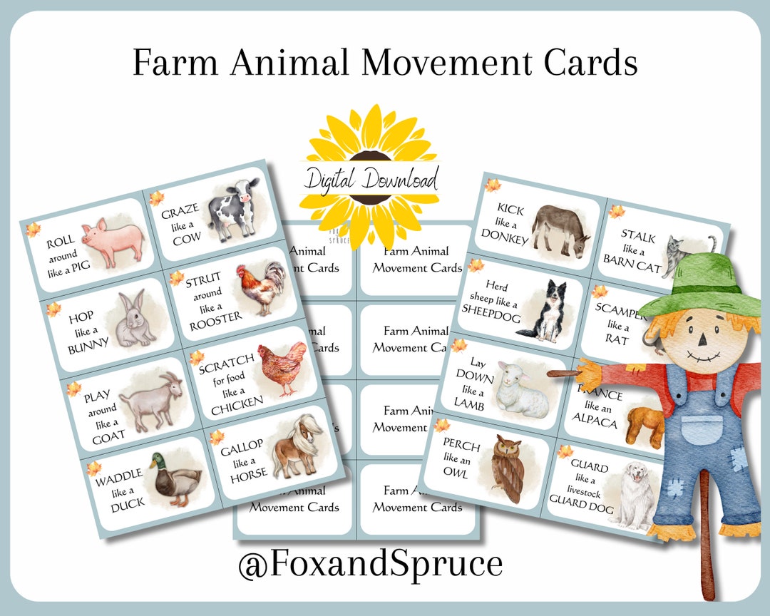 Farm Animal Movement Cards, Brain Breaks, Physical Education Kids ...