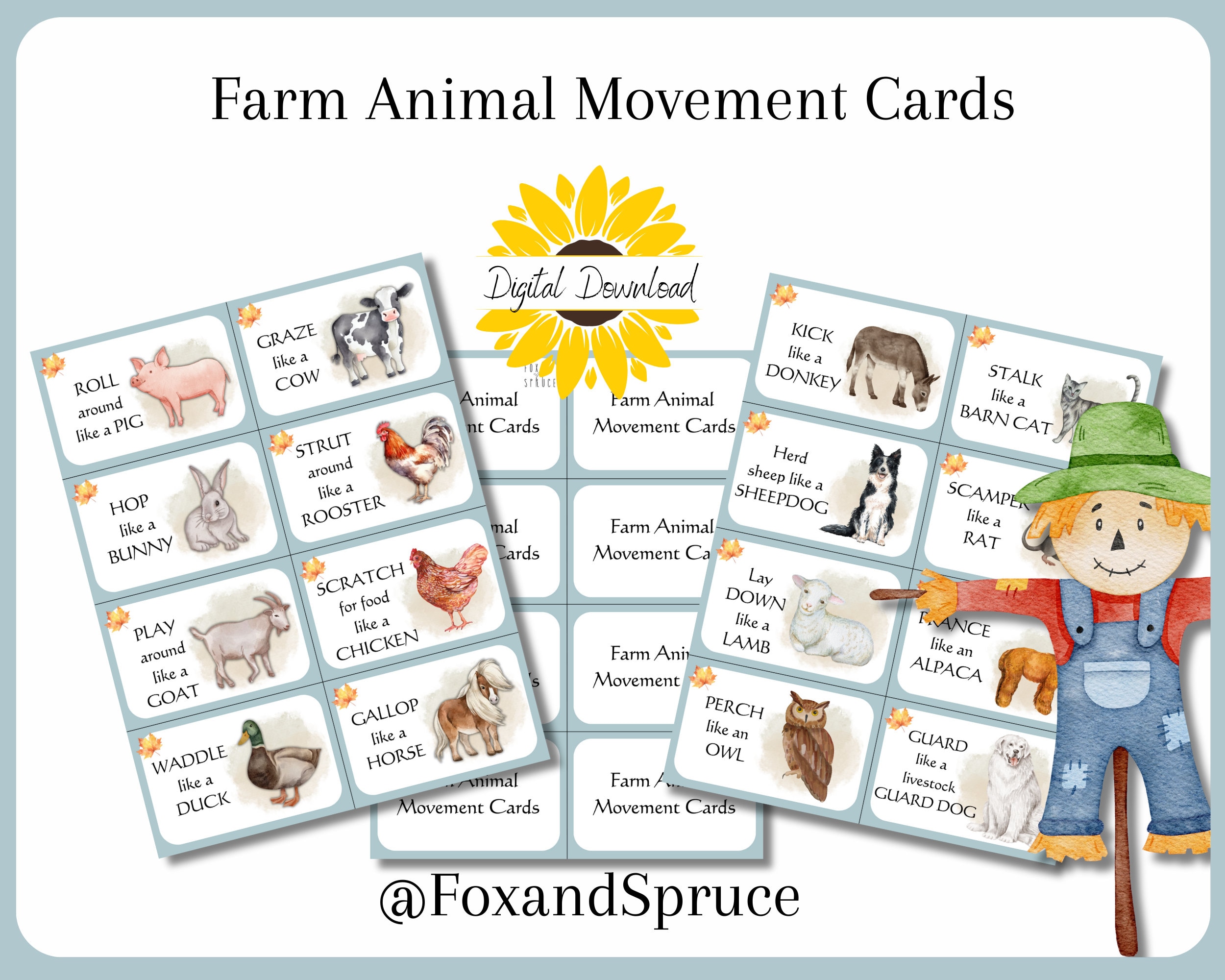 Farm Animal Movement Cards, Brain Breaks, Physical Education Kids ...