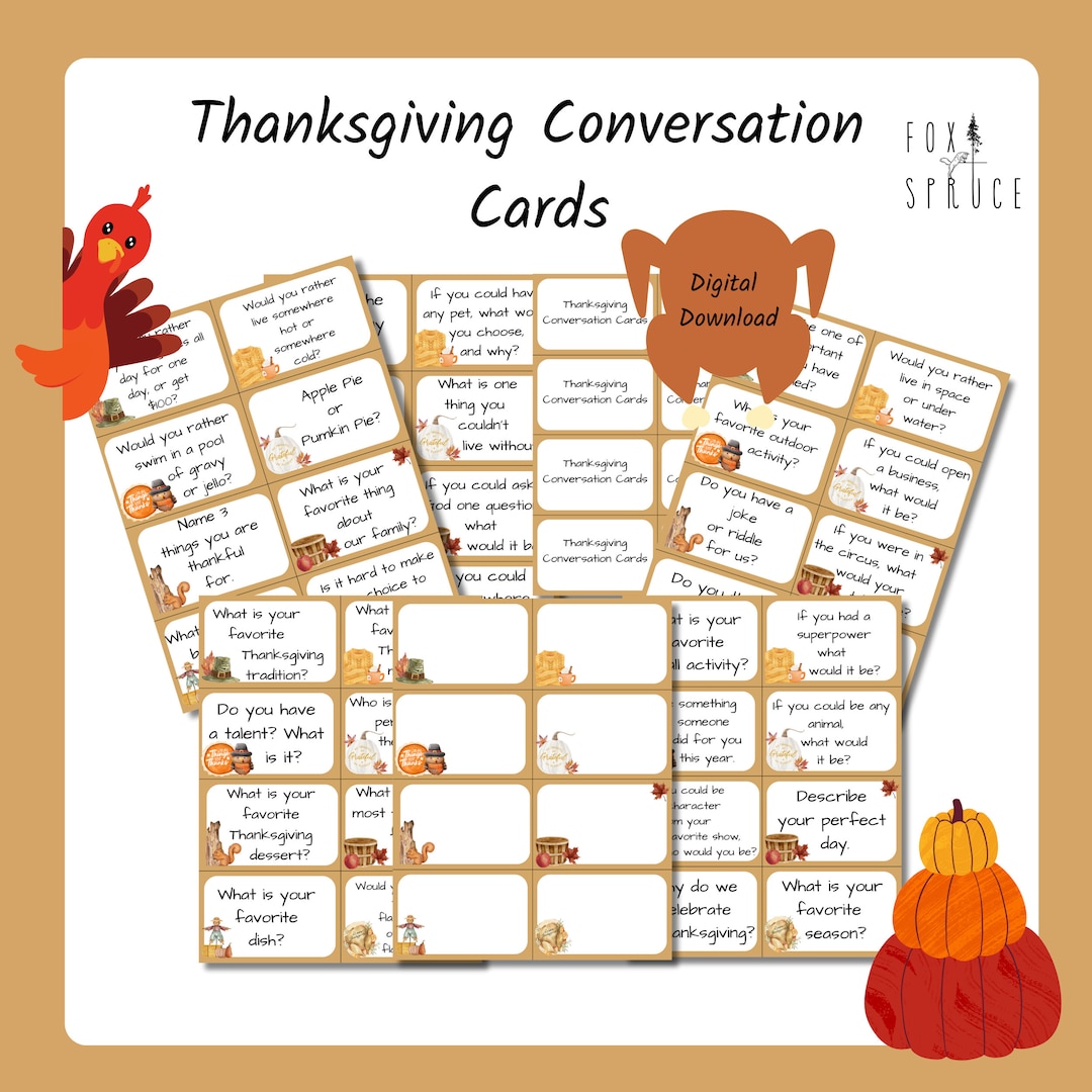 Thanksgiving Conversation Starter Cards Thanksgiving Day Activity ...