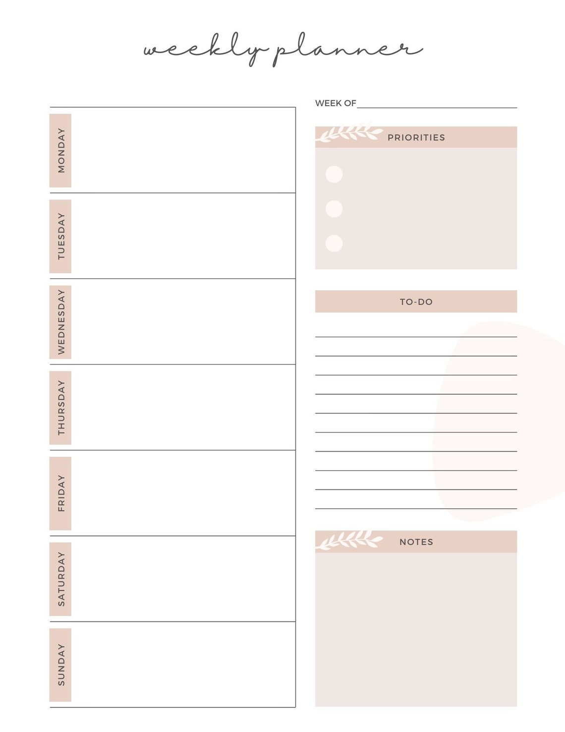 Printable Weekly Planner, Daily Planner, Portrait Planner, Week at a ...