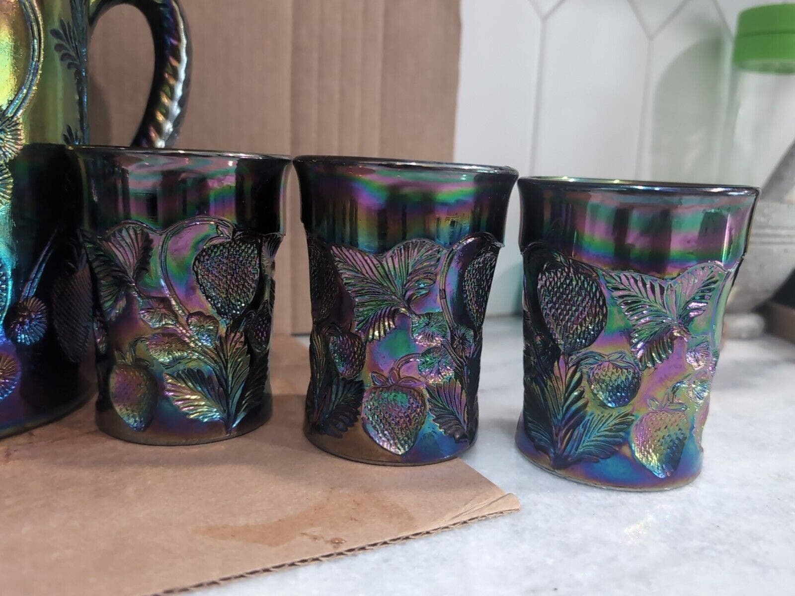 Inverted Strawberry Purple Carnival Glass Water Pitcher & Tumbler Set ...