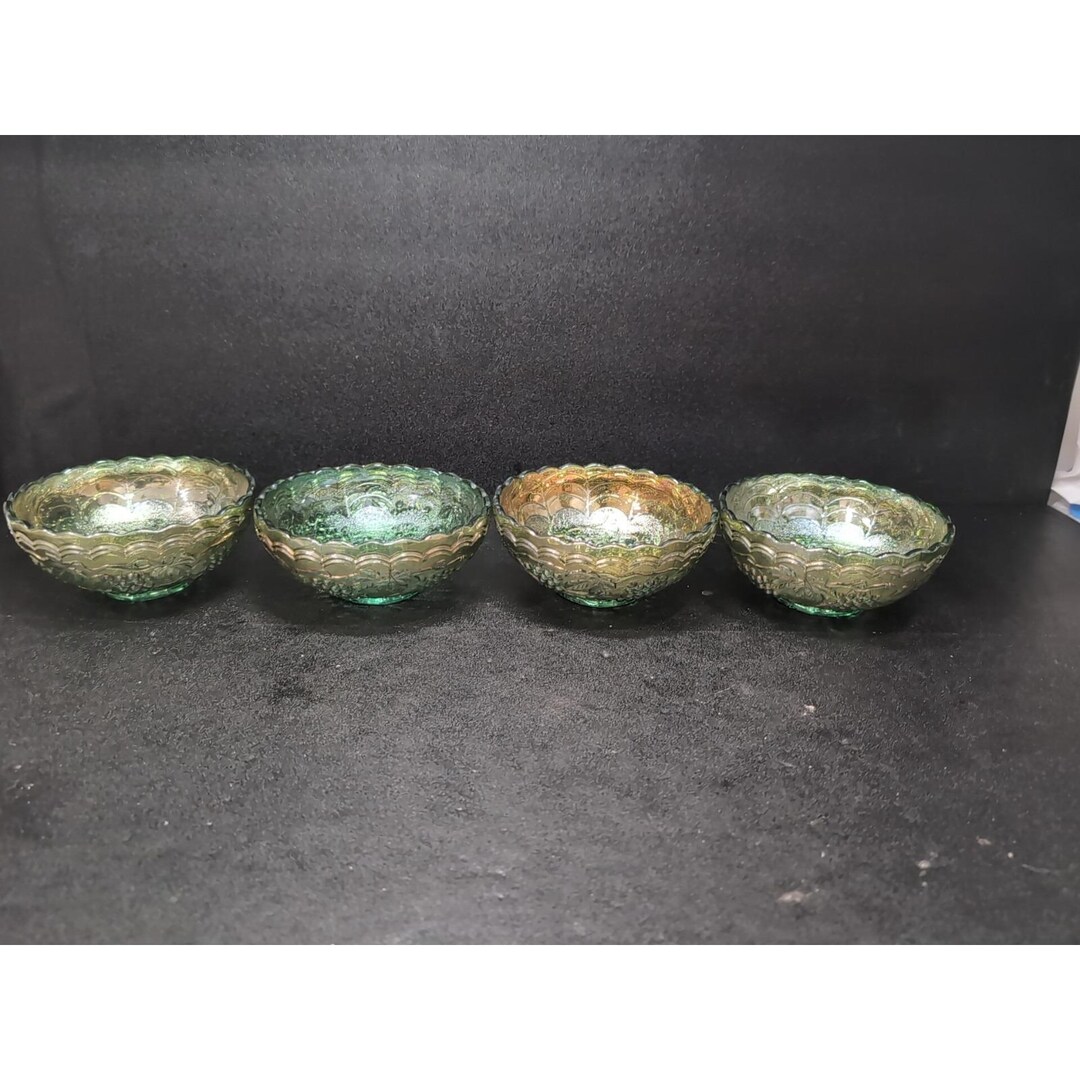 Imperial Grape Helios Leaf Green Gold Carnival Glass Bowls, Scalloped ...