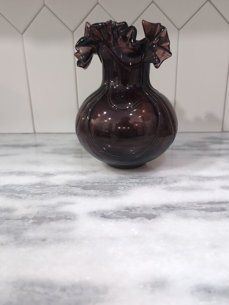 Vintage Deep Purple Art Glass Vase 8 Tall Ruffled Edges, Hand Blown ...