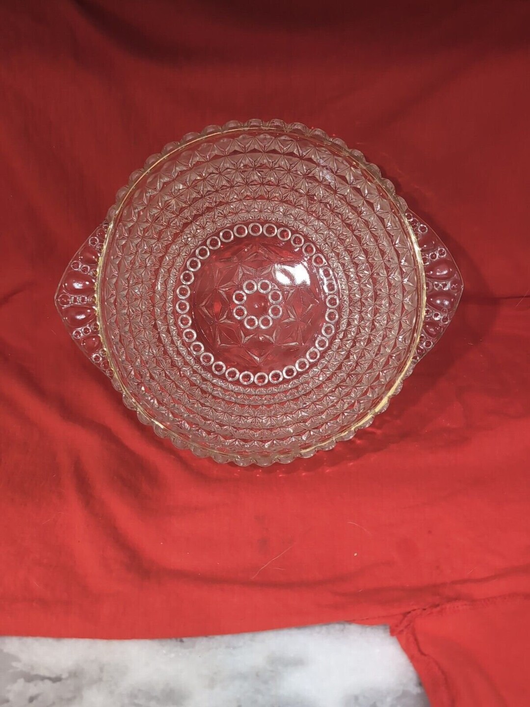 Gold Rim Crystal Serving Bowl With Handles, Diamond Cut Design, 8 1/2 ...