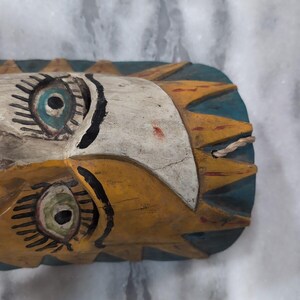 Mexican Folk Art Sun Moon Wood Mask, Vintage Carved Yellow Teal Mask ...