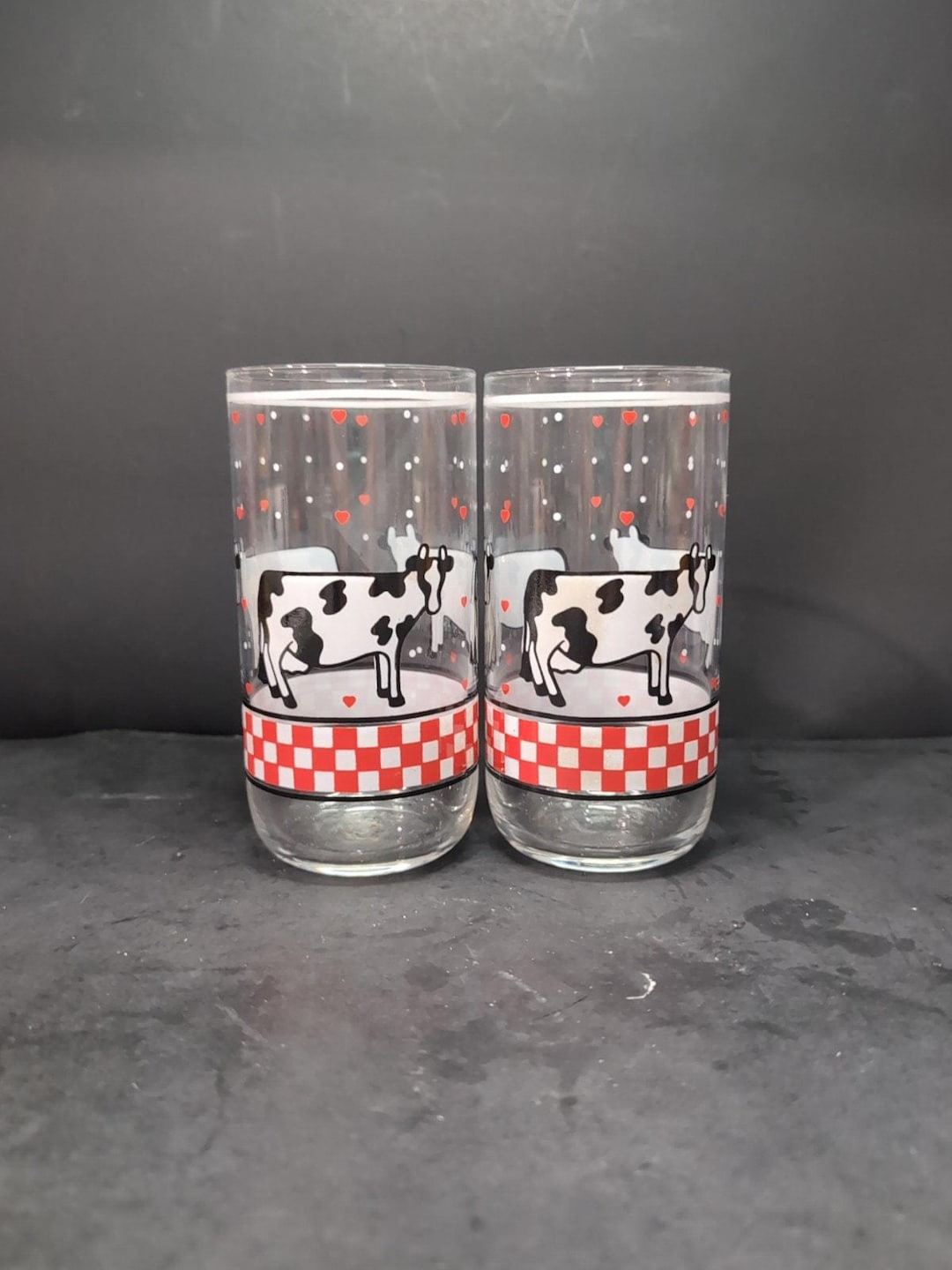 Libbey Cow Drinking Glasses, Red White Checkered Heart Glasses, Set of ...