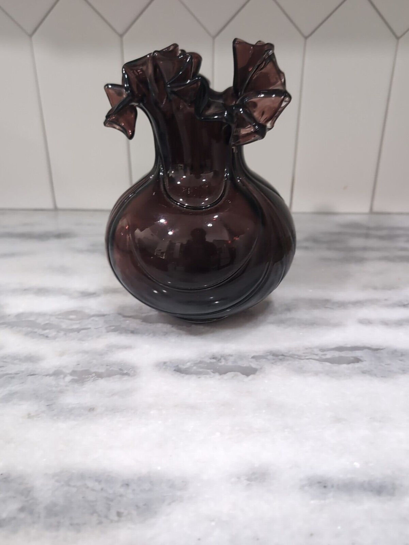 Vintage Deep Purple Art Glass Vase 8 Tall Ruffled Edges, Hand Blown ...