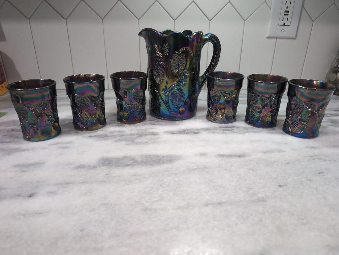 Bennett Carnival Glass Water Pitcher & Tumbler Set, Inverted Strawberry ...