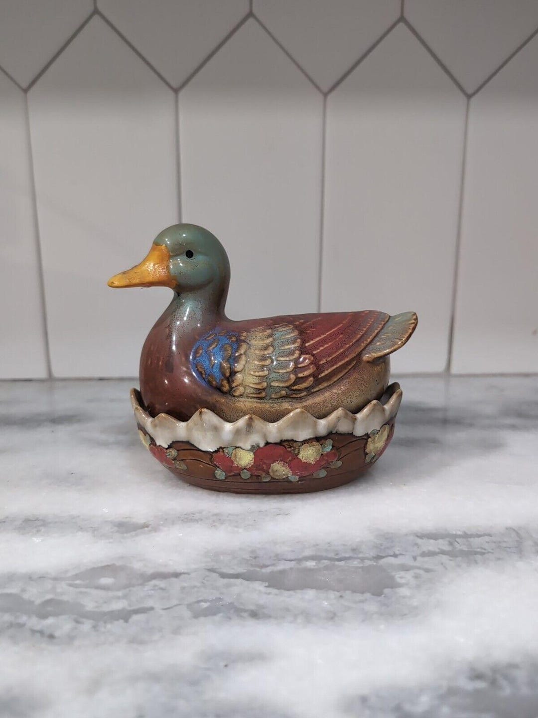 Hand Painted Mallard Duck on Nest, Candy Dish, Vintage Pottery, Duck ...
