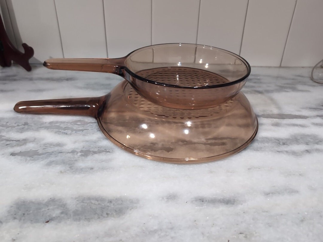 Vintage Vision Corning Amber Glass Skillets, 7 & 10 Fry Pans, Mid ...