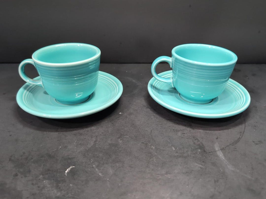 Fiestaware Turquoise Tea Cups and Saucers, Homer Laughlin Set, Vintage ...