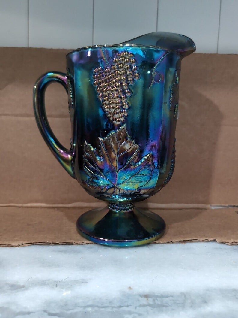 Imperial Grape Leaf Carnival Glass Pitcher, Cobalt Blue Glassware ...