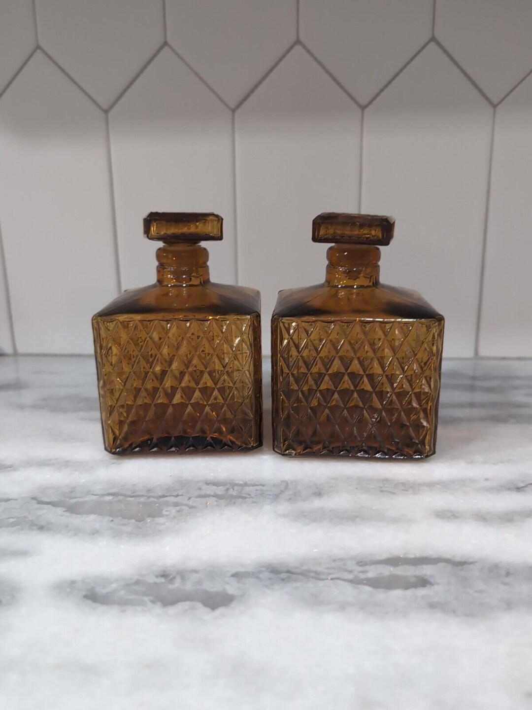Vintage Amber Glass Decanter Set, Diamond Point Square, With Stopper ...