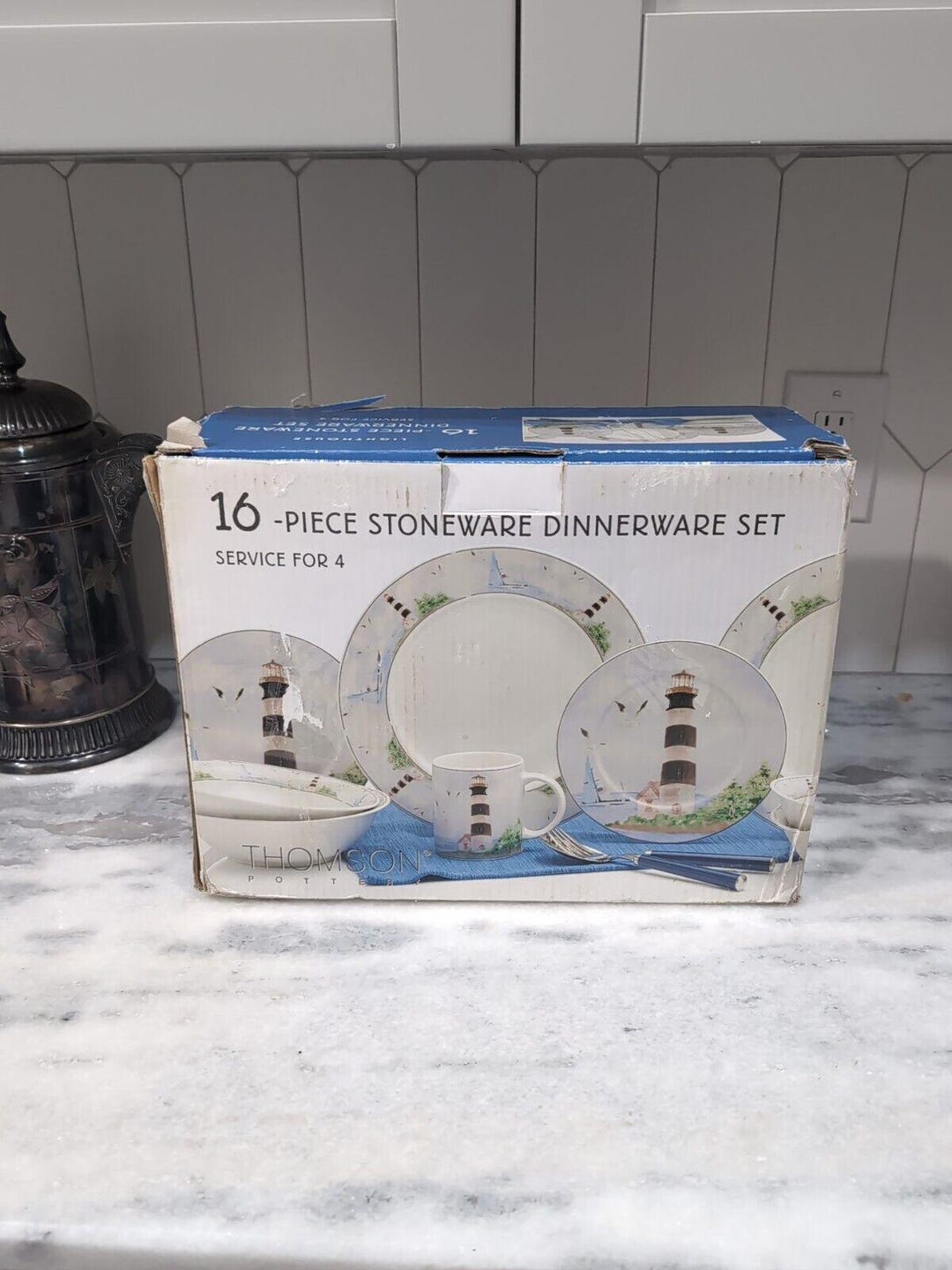 Thompson Pottery Lighthouse Dinnerware Set, 16 Piece Set, Coastal ...