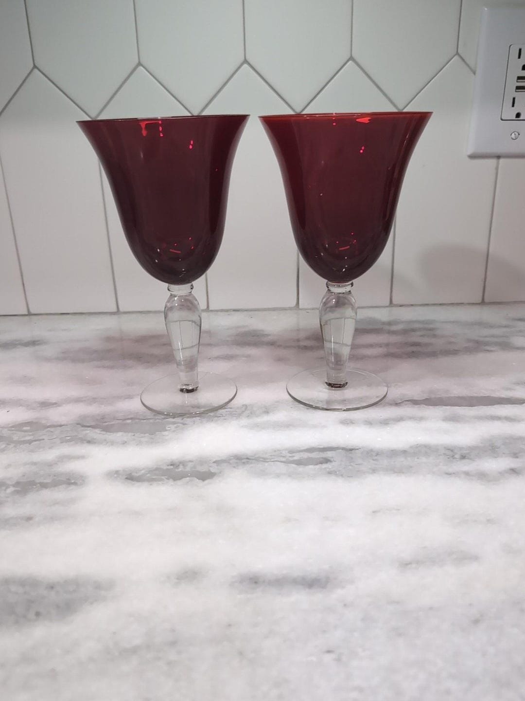 Ruby Red Glass Goblet Set, Clear Stem Glasses, 7 7/8" Tall Goblets, Set ...
