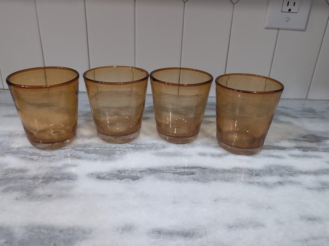 Amber Hand Blown Glass Low Ball Glasses, Set of 4, 14 Oz, Mid Century ...
