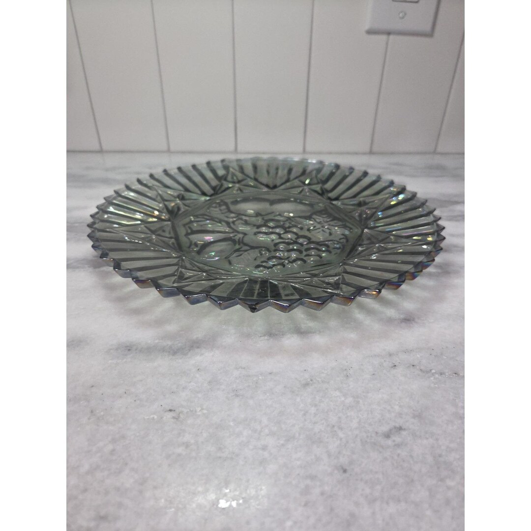 Federal Glass Carnival Smoke Plate, Iridescent Fruit Pattern, Vintage ...