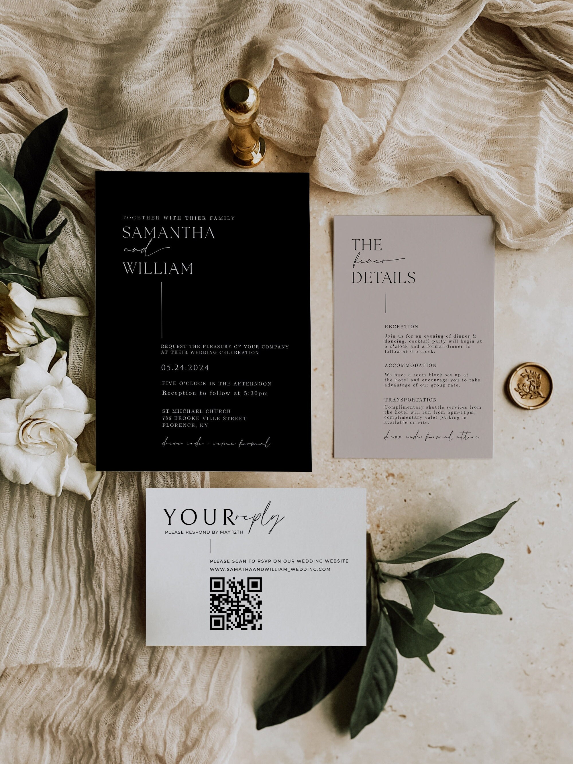 Modern Black Wedding Invitation Suite Template With QR Code, Minimal ...