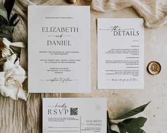 Modern Black Wedding Invitation Suite Template With QR Code, Minimal ...