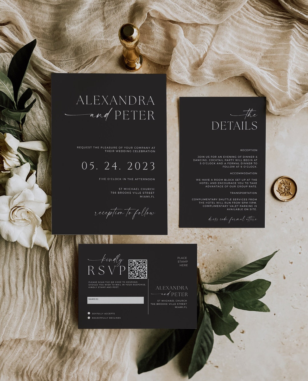 Black Elegant Wedding Invitation With QR Code, Minimal Wedding Invite ...