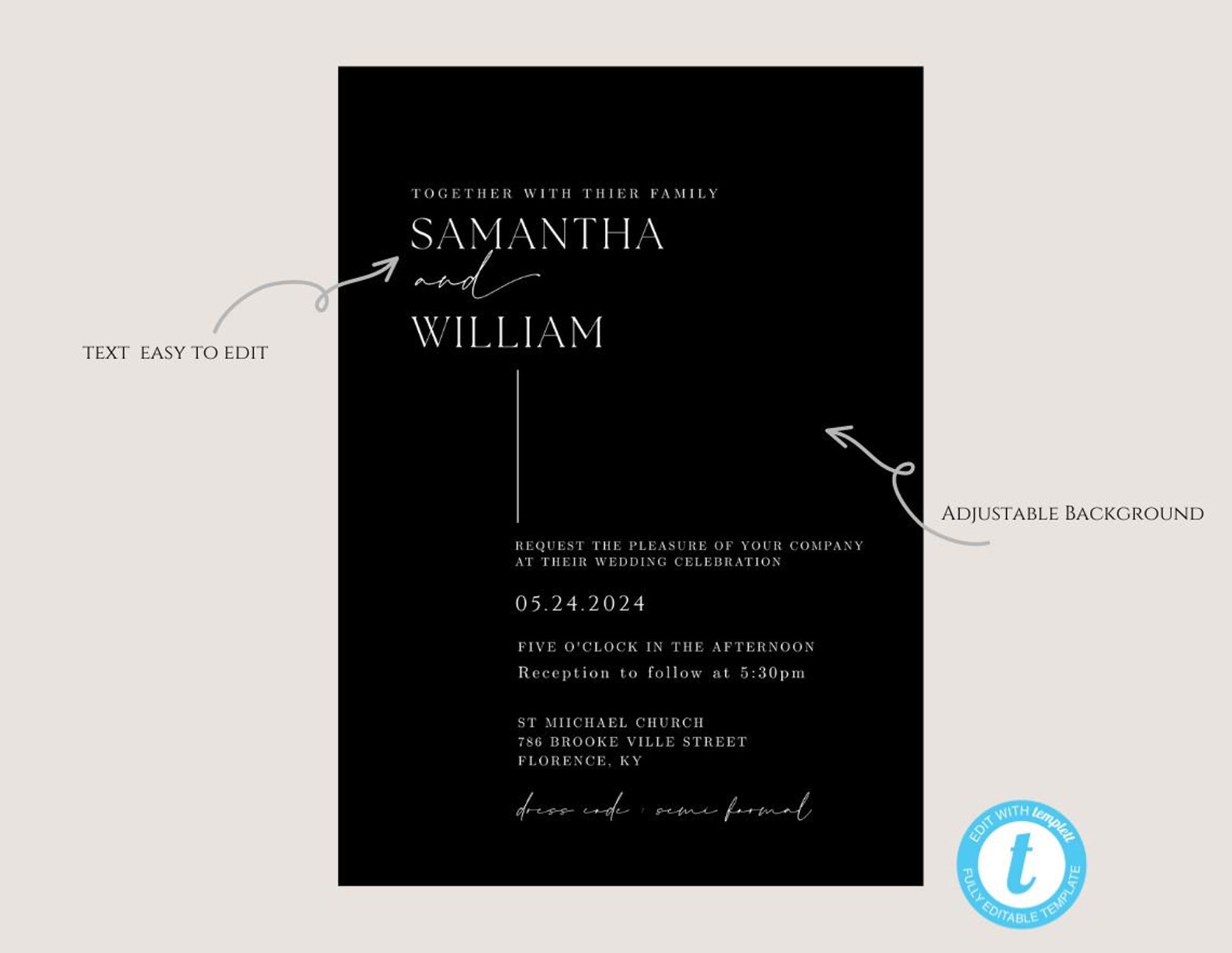 Modern Black Wedding Invitation Suite Template With QR Code, Minimal ...