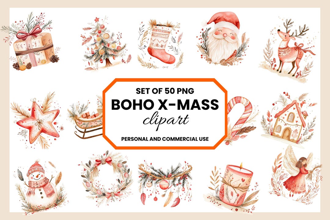 Boho Christmas Clipart, Cozy Christmas Clip Art, X-mass, Happy Holidays ...
