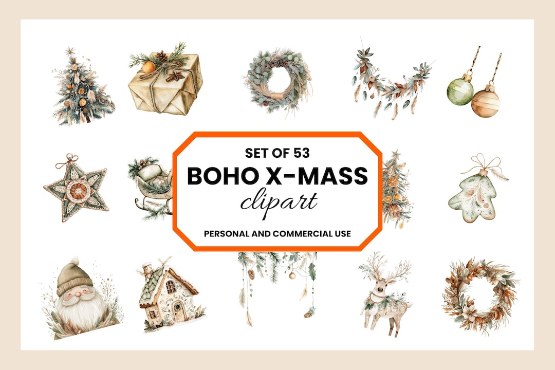 Boho Christmas Clipart, X-mass Clip Art, Christmas Tree Png, Boho Print ...