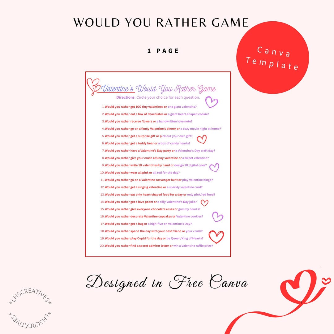 Valentine's Day Would You Rather Game Printable | Couples Party | Fun ...