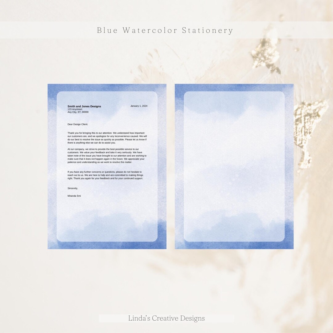 Business Letterhead Set | Blue Watercolor Stationery Set | 2-page ...