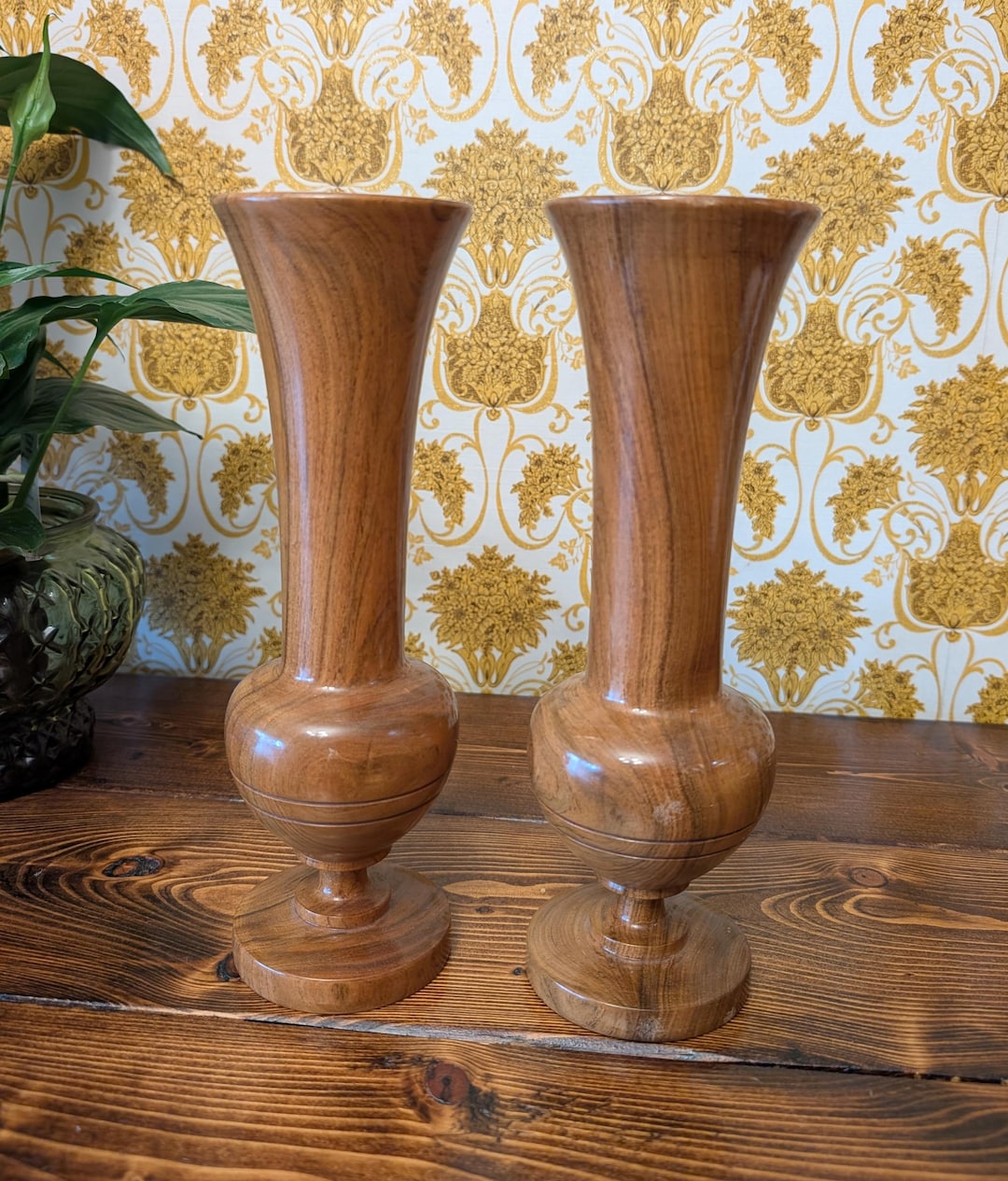Pair of Wood MCM Vases / Vintage Wooden Pedestal Vases Midcentury Home ...