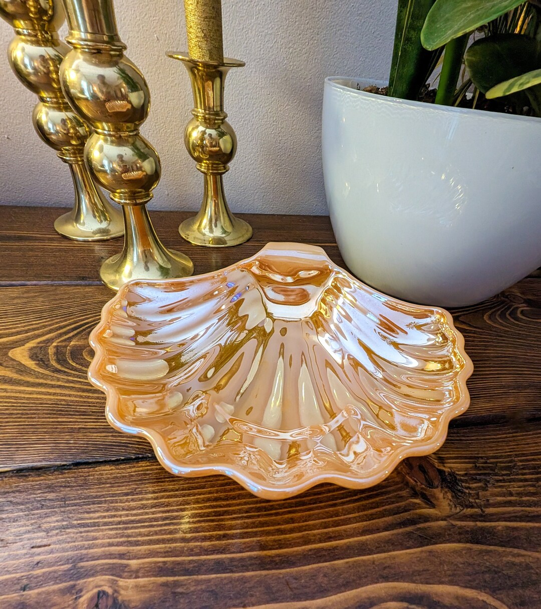 Vintage Anchor Hocking Fire King Peach Lusterware Iridescent Clamshell ...