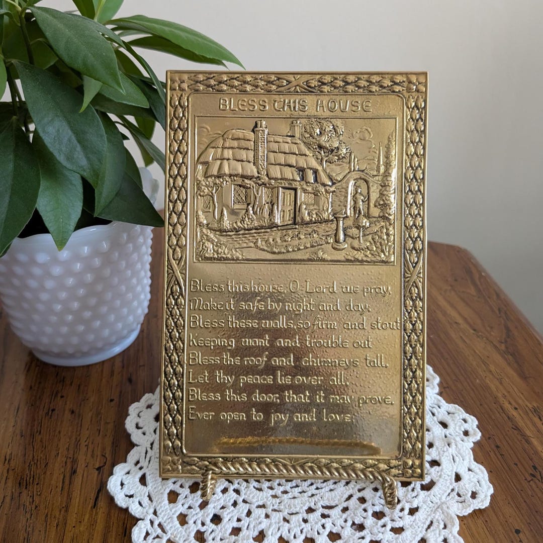 Vintage Brass Wall Plaque / Bless This House / Embossed Catholic ...