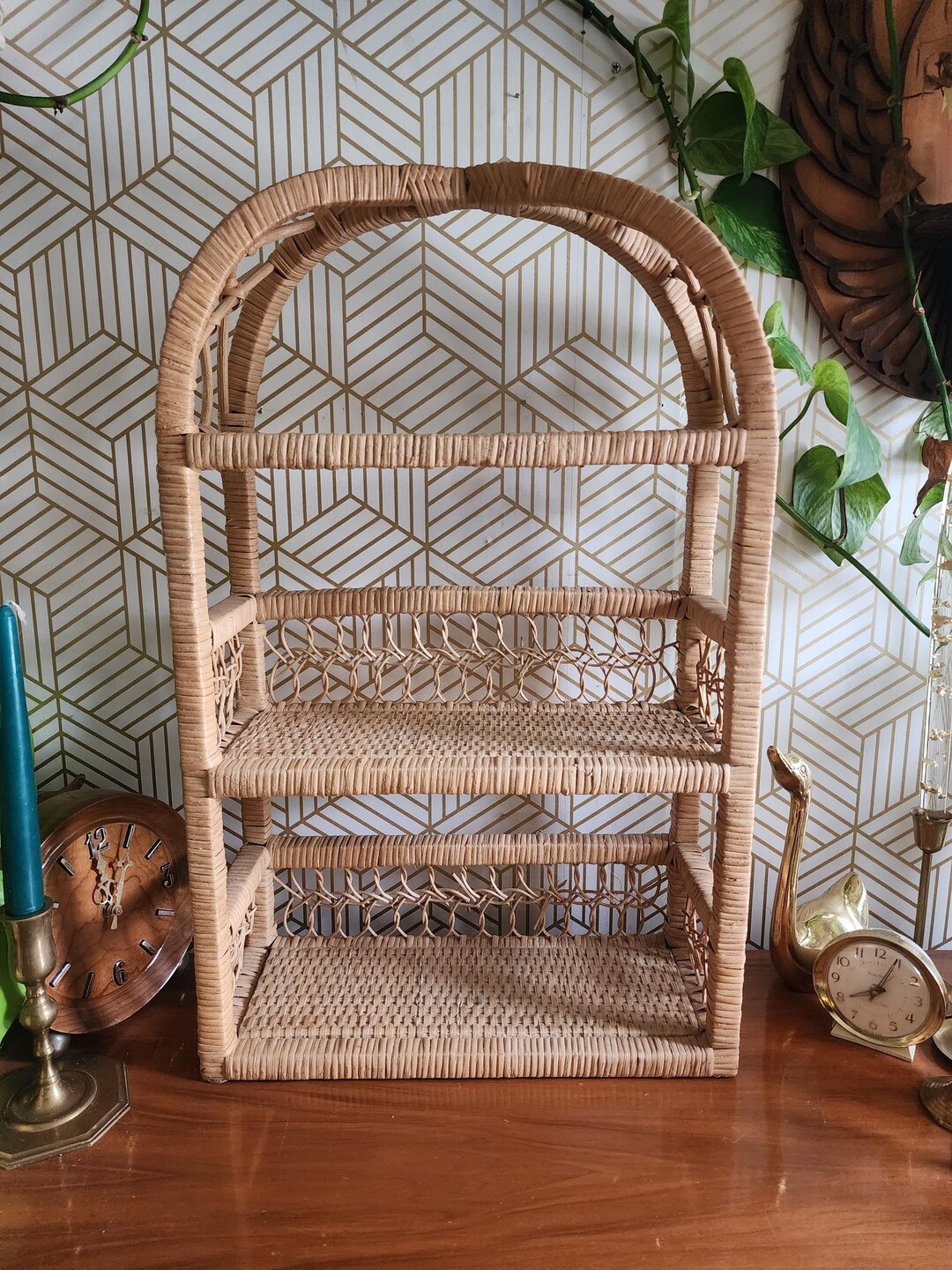 Vintage Arched Wicker and Bamboo Wall Shelf / Tabletop Shelf 24 - Etsy