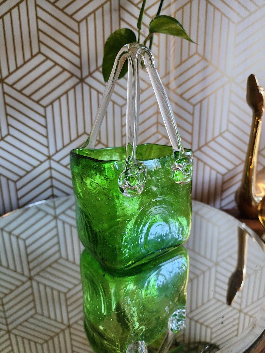 Vintage Green Bubble Glass Purse Art Glass Handbag Hand Blown With Rose ...